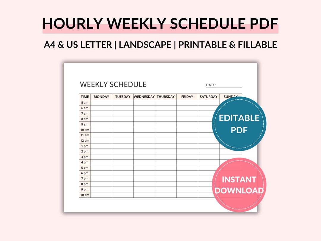 Hourly Weekly Schedule Landscape Printable, Fillable Weekly Planner ...
