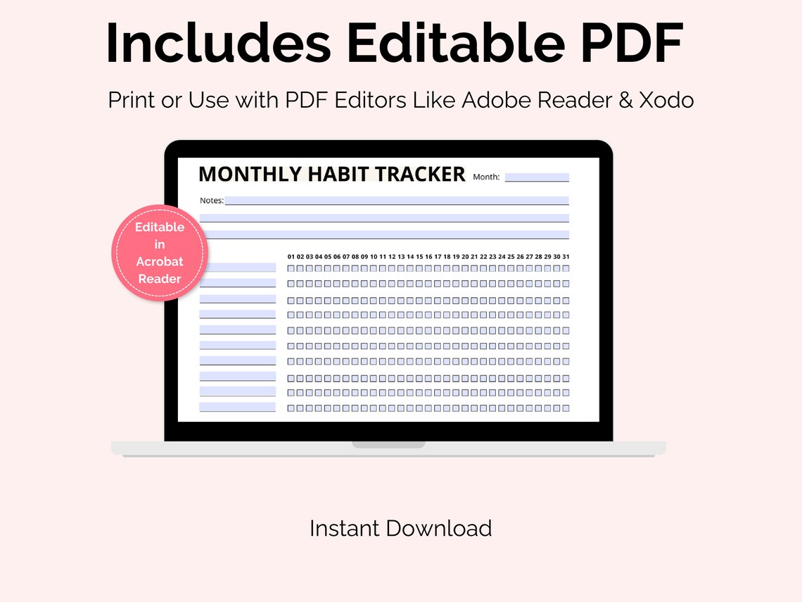 Monthly Habit Tracker Printable and Editable, 30-day Challenge Goal ...