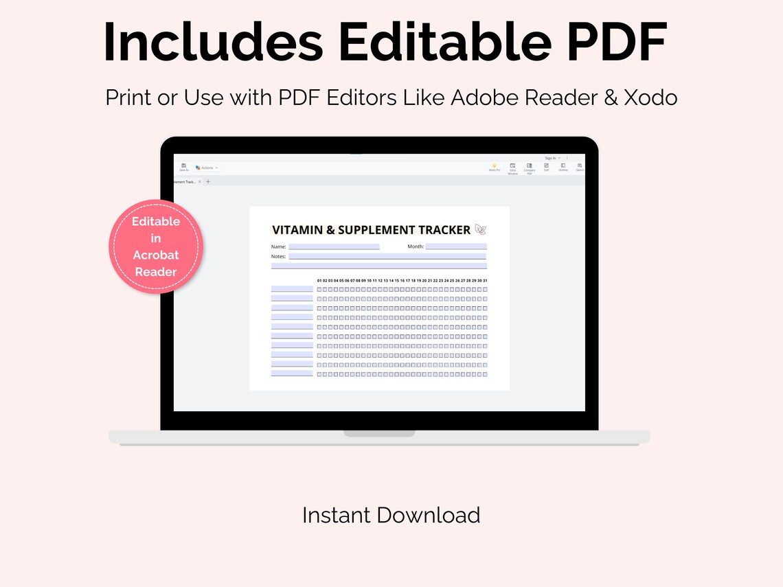 Editable Vitamin and Supplement Tracker Printable | Daily Health Tracker PDF | A4 & US Letter ...