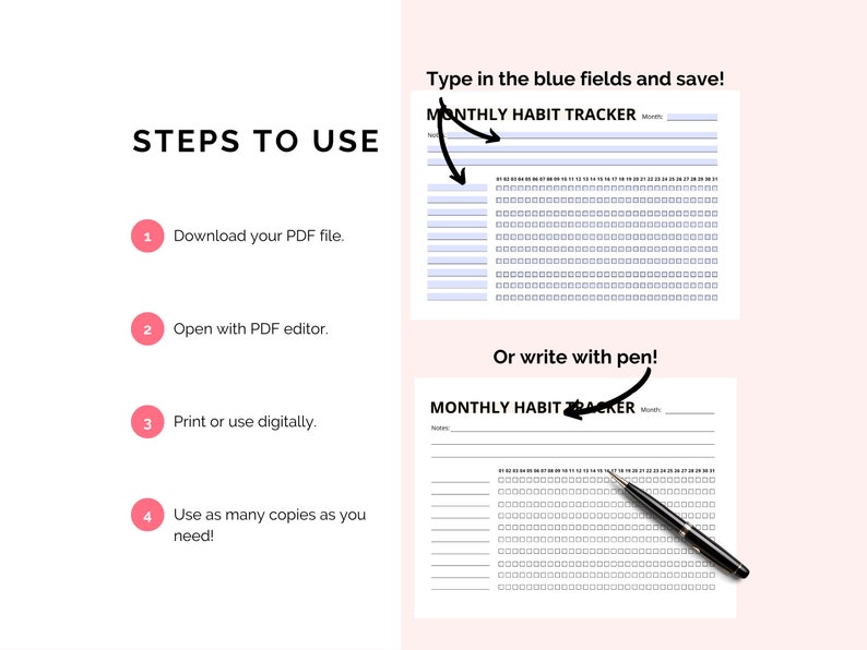 Monthly Habit Tracker Printable and Editable, 30-day Challenge Goal ...