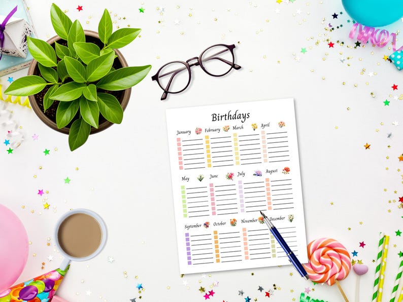 Birthday Tracker Printable, Birth Month Flower Birthday Calendar ...