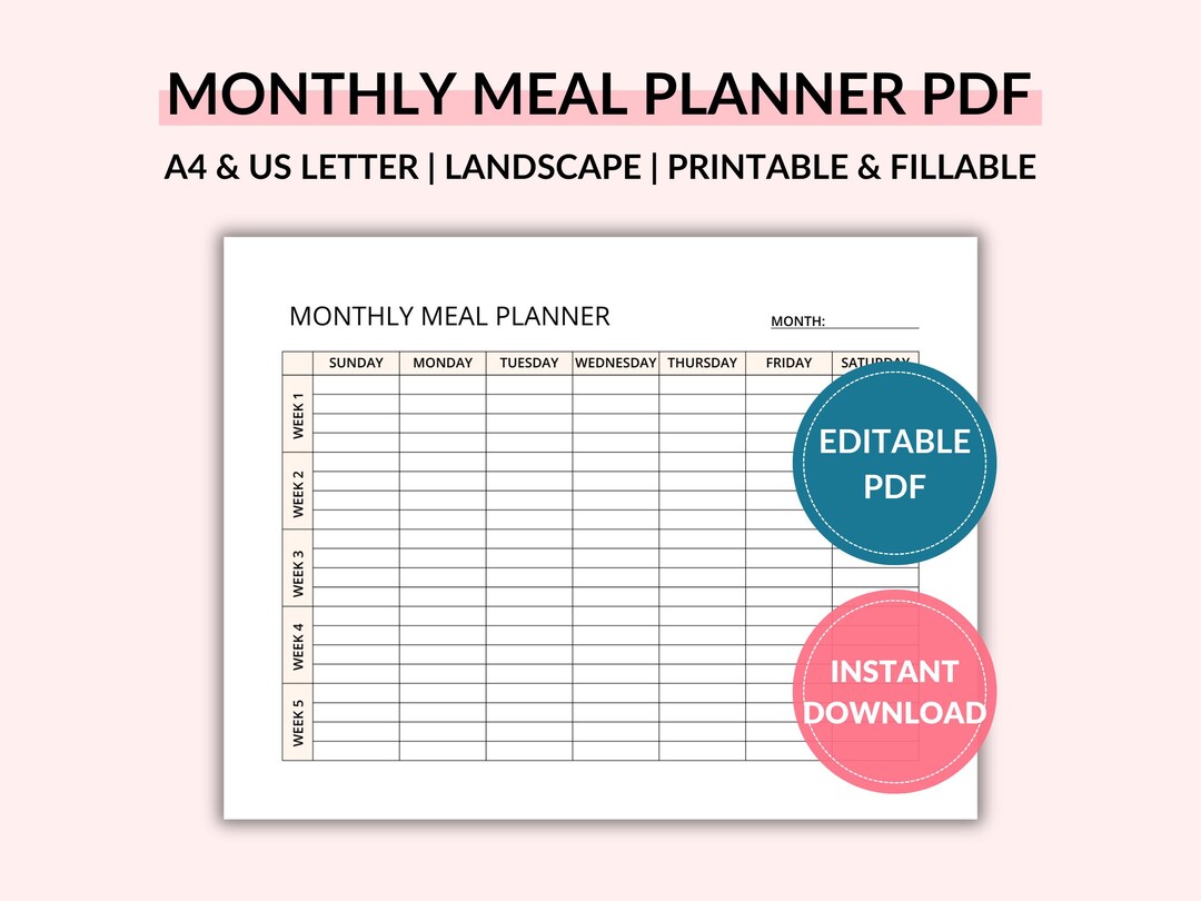Monthly Meal Planner Printable Landscape, Fillable Monthly Menu Planner ...