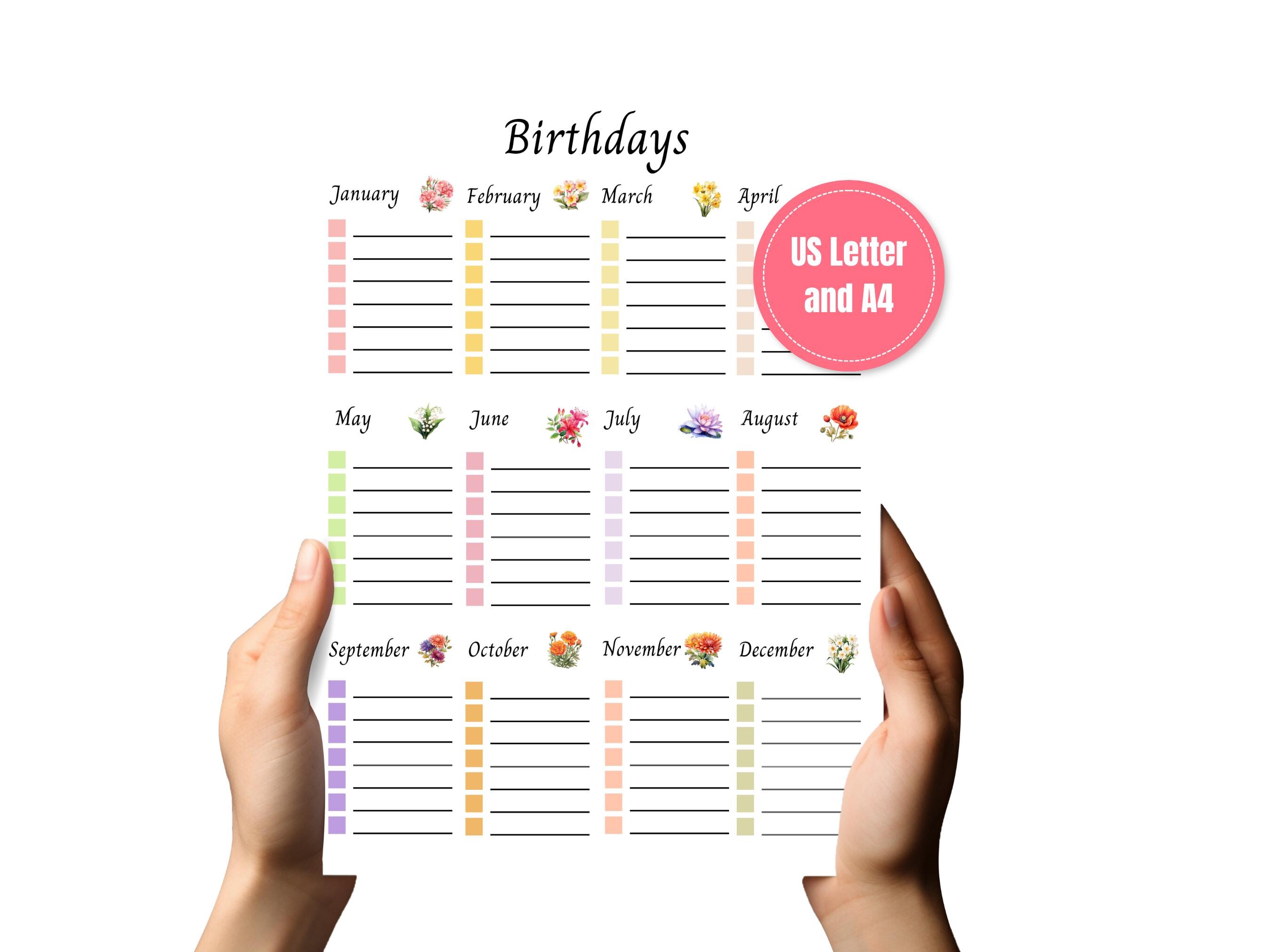Birthday Tracker Printable, Birth Month Flower Birthday Calendar ...