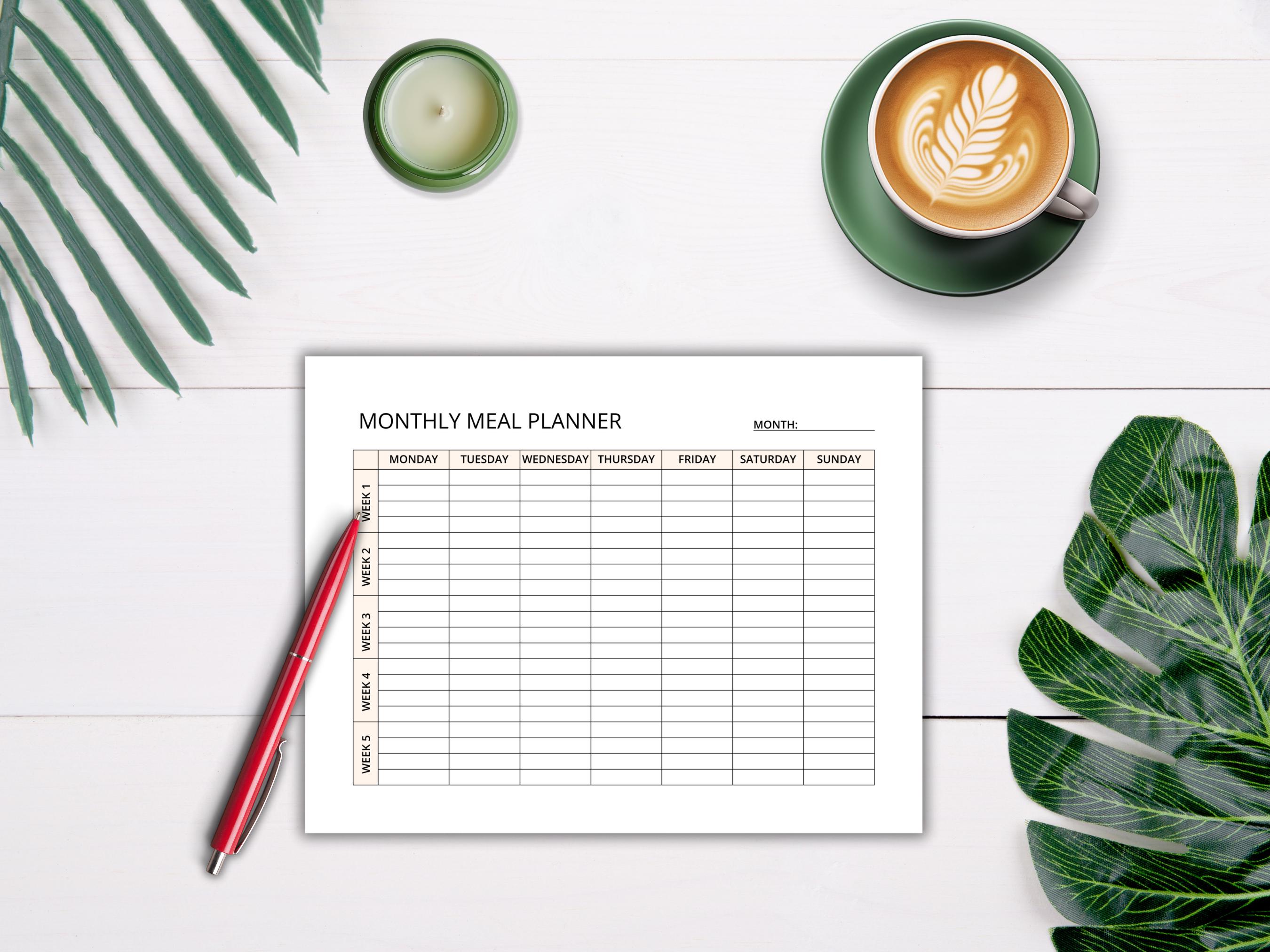 Monthly Meal Planner Printable Landscape, Fillable Monthly Menu Planner ...