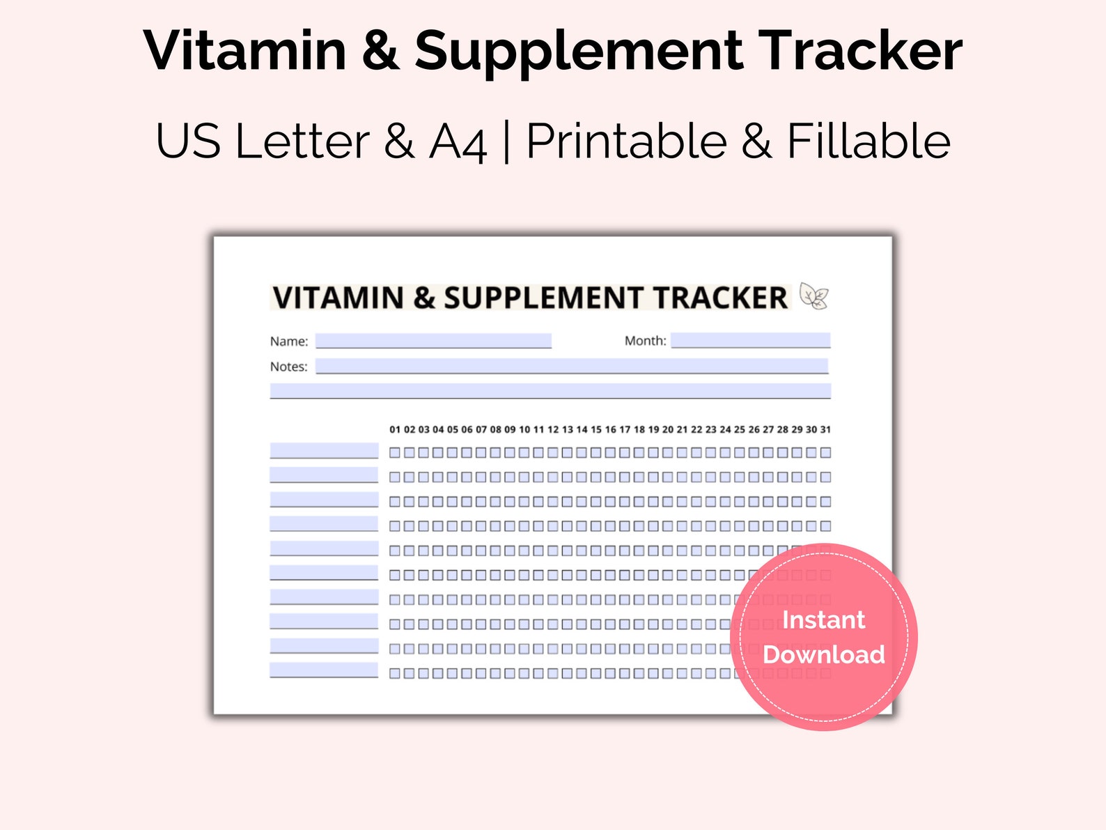 Editable Vitamin and Supplement Tracker Printable | Daily Health Tracker PDF | A4 & US Letter ...