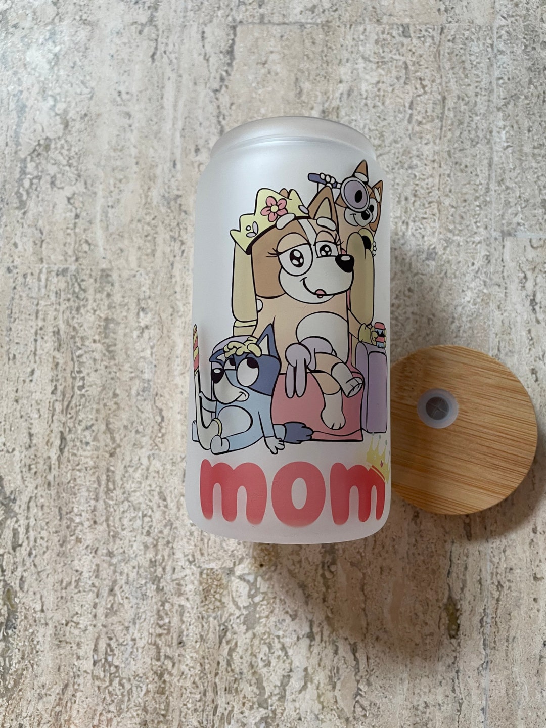 Mom Cartoon Glass Can, Bluey Cup, 16oz Glass Can With Lid, Mom Cup ...
