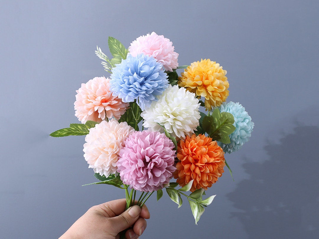 Artificial Pompon Mum Stems With Leaves, Fake Ball Flowers, Rustic ...
