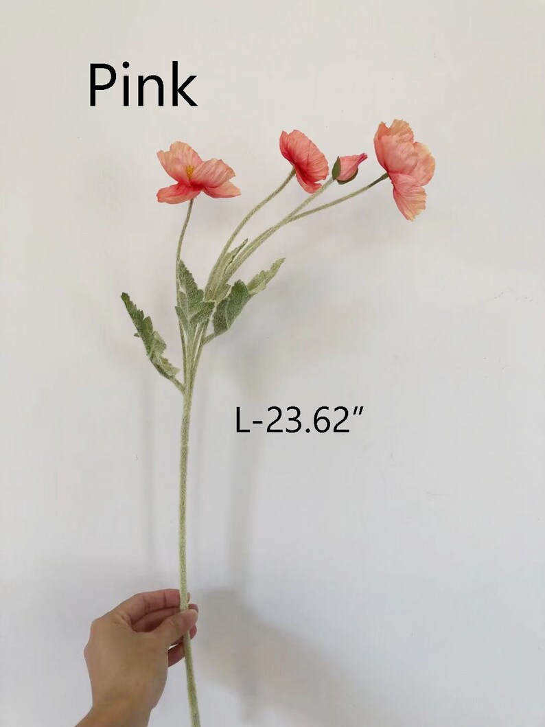 Artificial Poppy With Leaves, Rustic Flower Stem, Realistic Wildflower ...