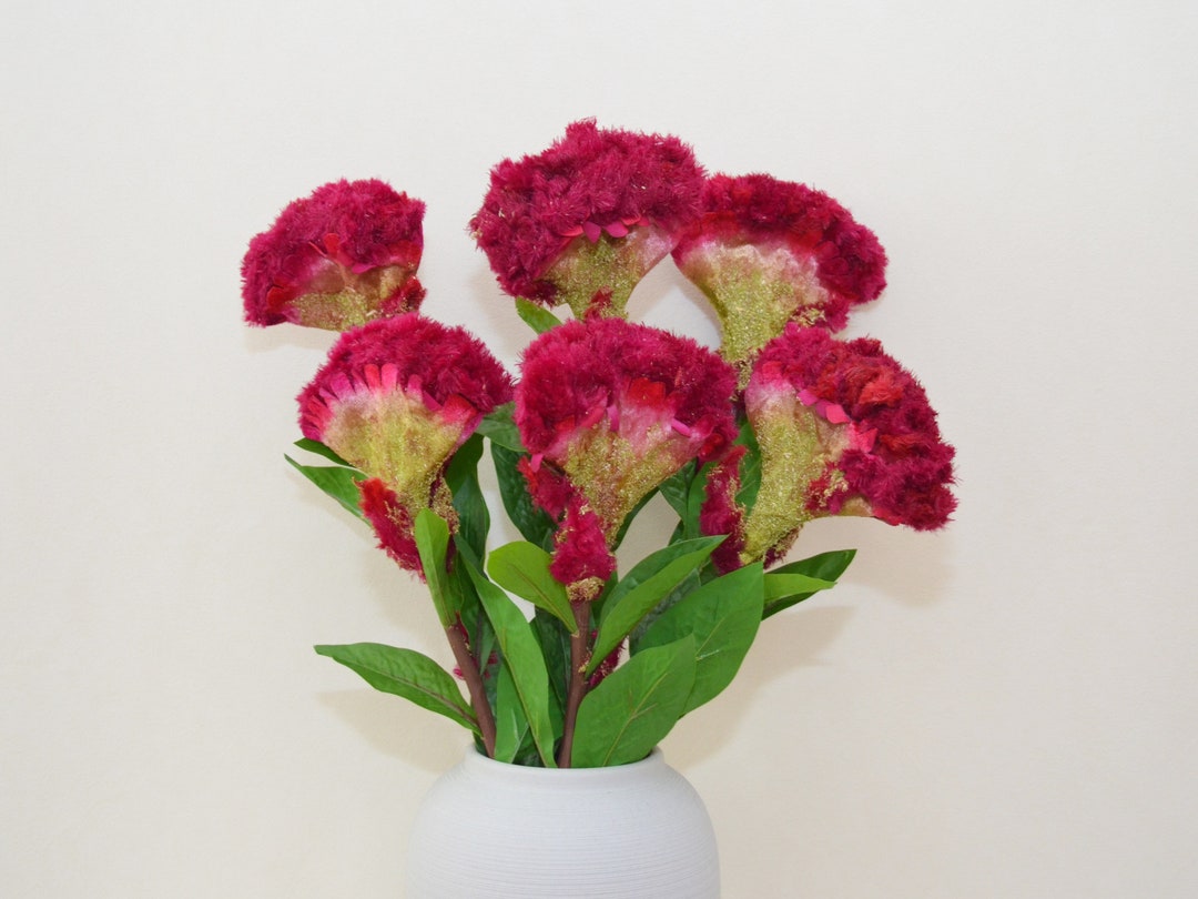 Artificial Cockscomb Stems With Leaves, Fake Celosia Cristata, Home ...
