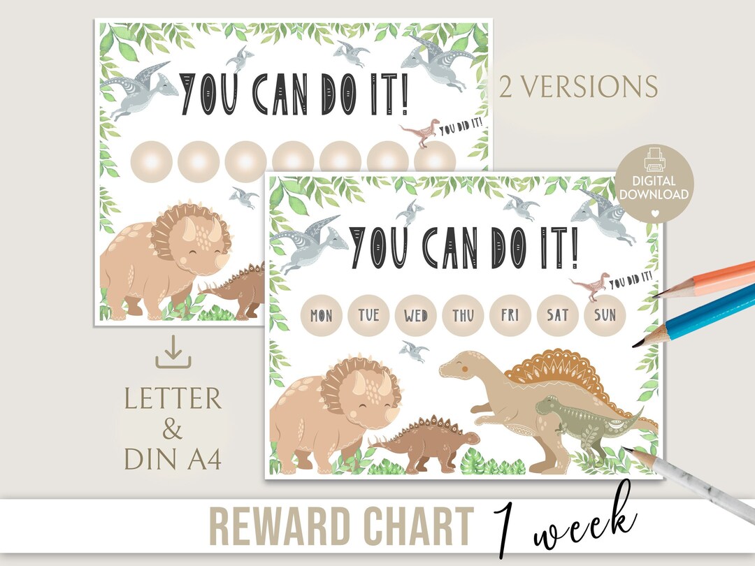 Weekly Boho Dinosaur Reward Chart, Kids Behavior Chart, Weekdays ...