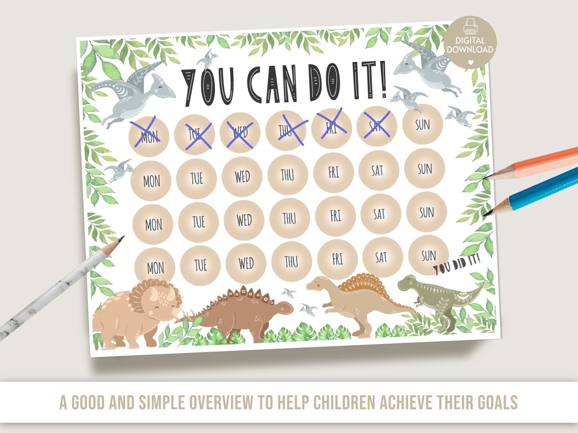 Reward Chart Dinosaur, 4 Weeks, Rewarding Kids Chore Chart, Kids ...