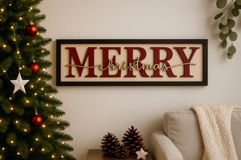 MERRY Christmas Wooden Sign | Rustic Natural Wood or Painted MDF ...