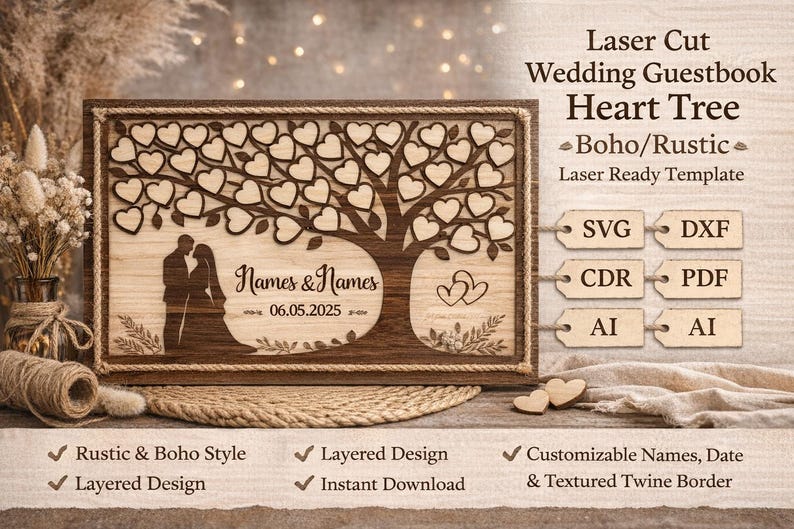 Boho Rustic Wedding Guest Book Tree | Laser Cut Heart Tree | Wedding ...