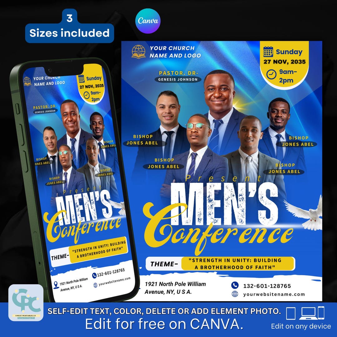 Editable Men's Event Flyer Template- Canva Flyer for Men's Conference ...