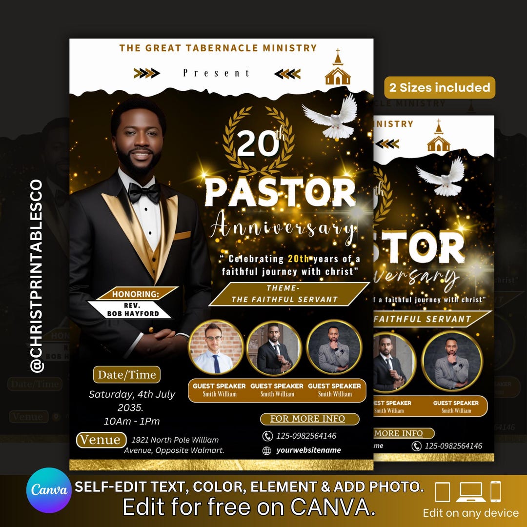Editable Black & Gold Pastor Anniversary Flyer, Invitation for Pastor ...