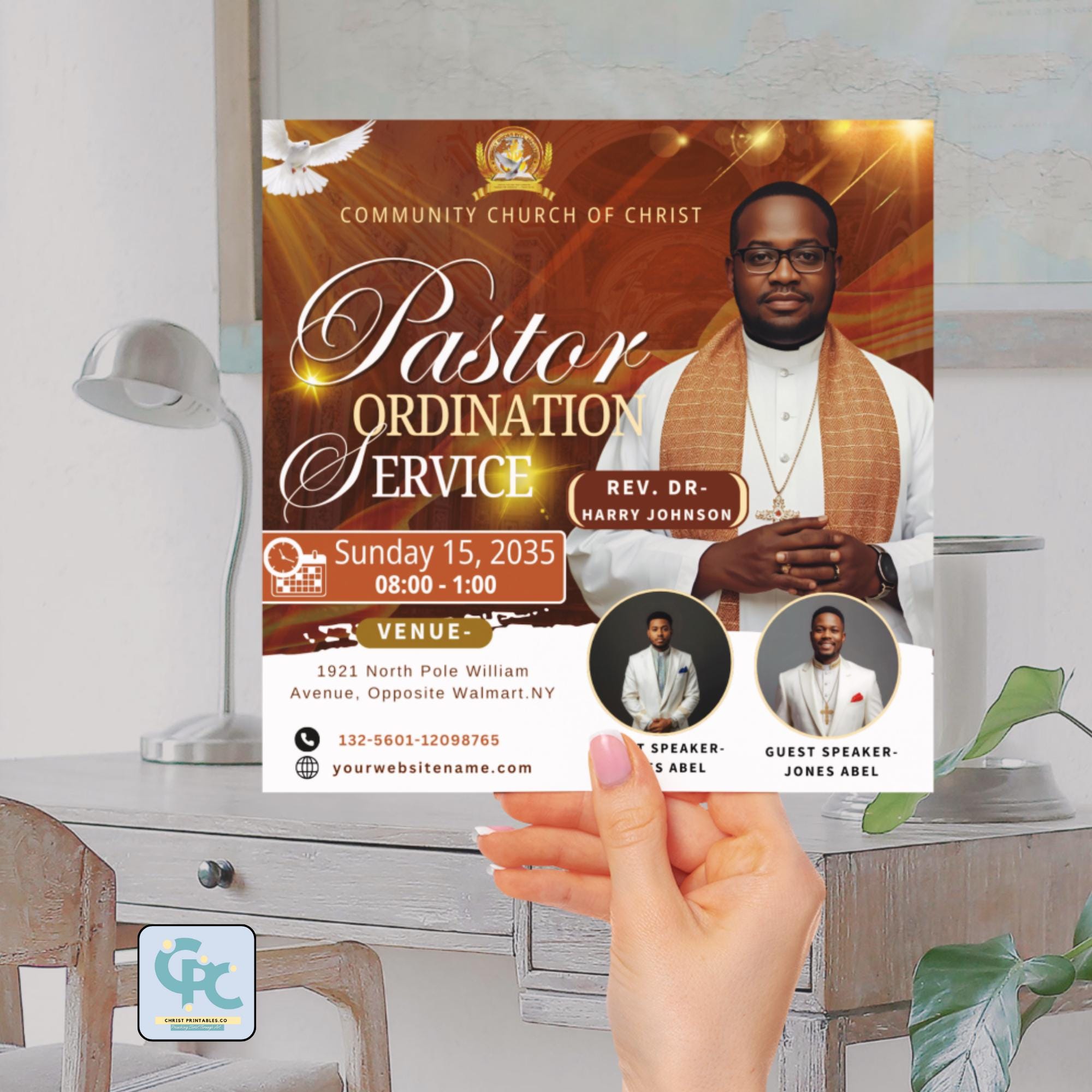 Editable Pastor Ordination Flyer Template, Brown & White Pastor Event ...
