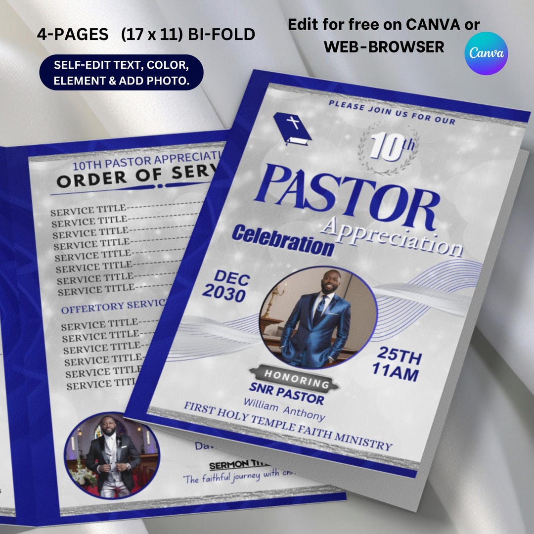 Editable Pastor Appreciation Program Template, Blue & Silver Bi-fold ...