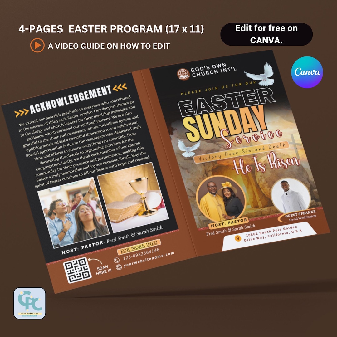 4 Pages Easter Church Program - Editable Resurrection Sunday Program ...