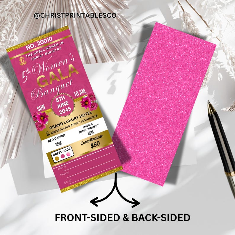 Editable Pink & Gold Elegant Banquet Gala Ticket Template for Women's ...