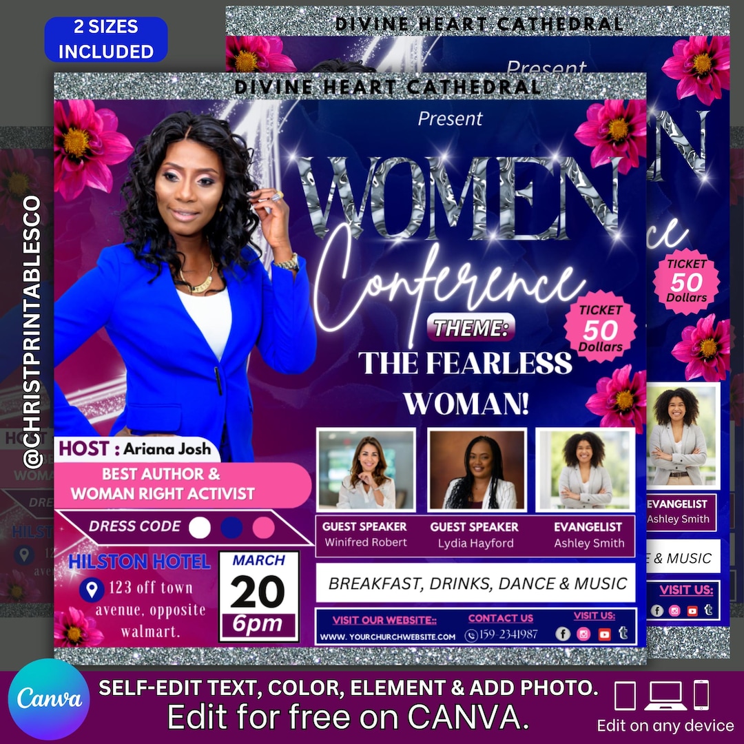 DIY Floral Women's Conference Flyer, Pink Blue Silver Flyer for Women ...