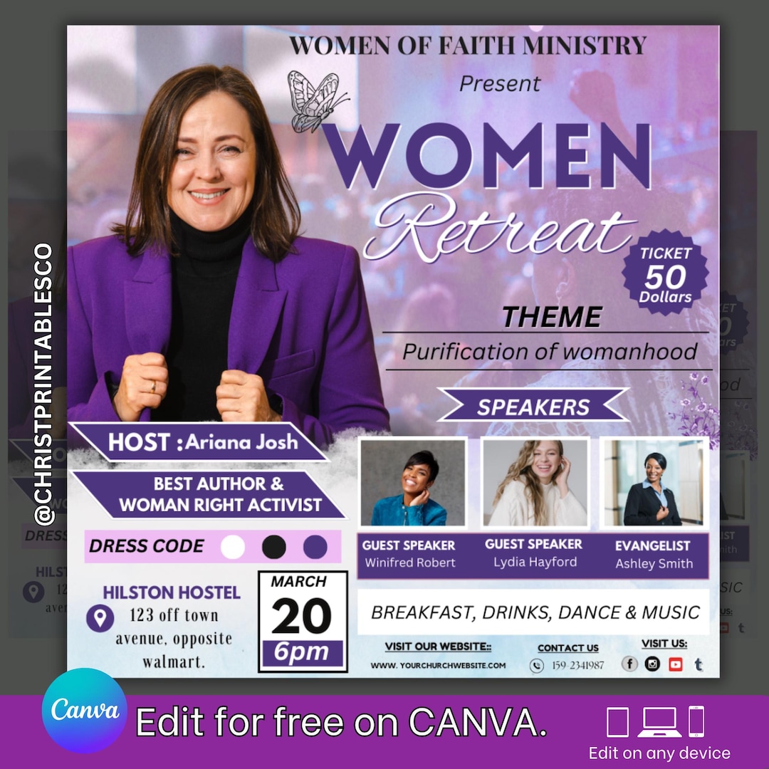 Editable Women Retreat Purple Flyer, Women's Event Flyer, Mothers Day ...
