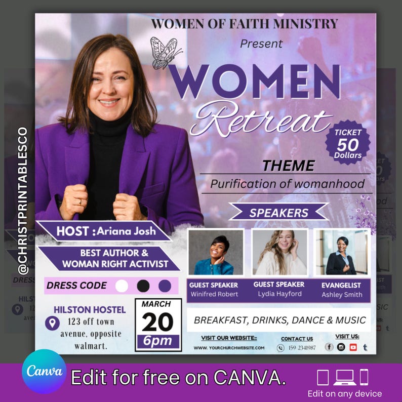 Editable Women Retreat Purple Flyer, Women's Event Flyer, Mothers Day ...