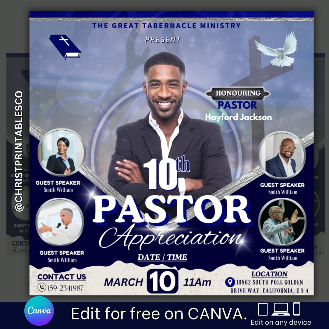 Editable Pastor Appreciation Flyer, Blue & Silver Church Flyer ...