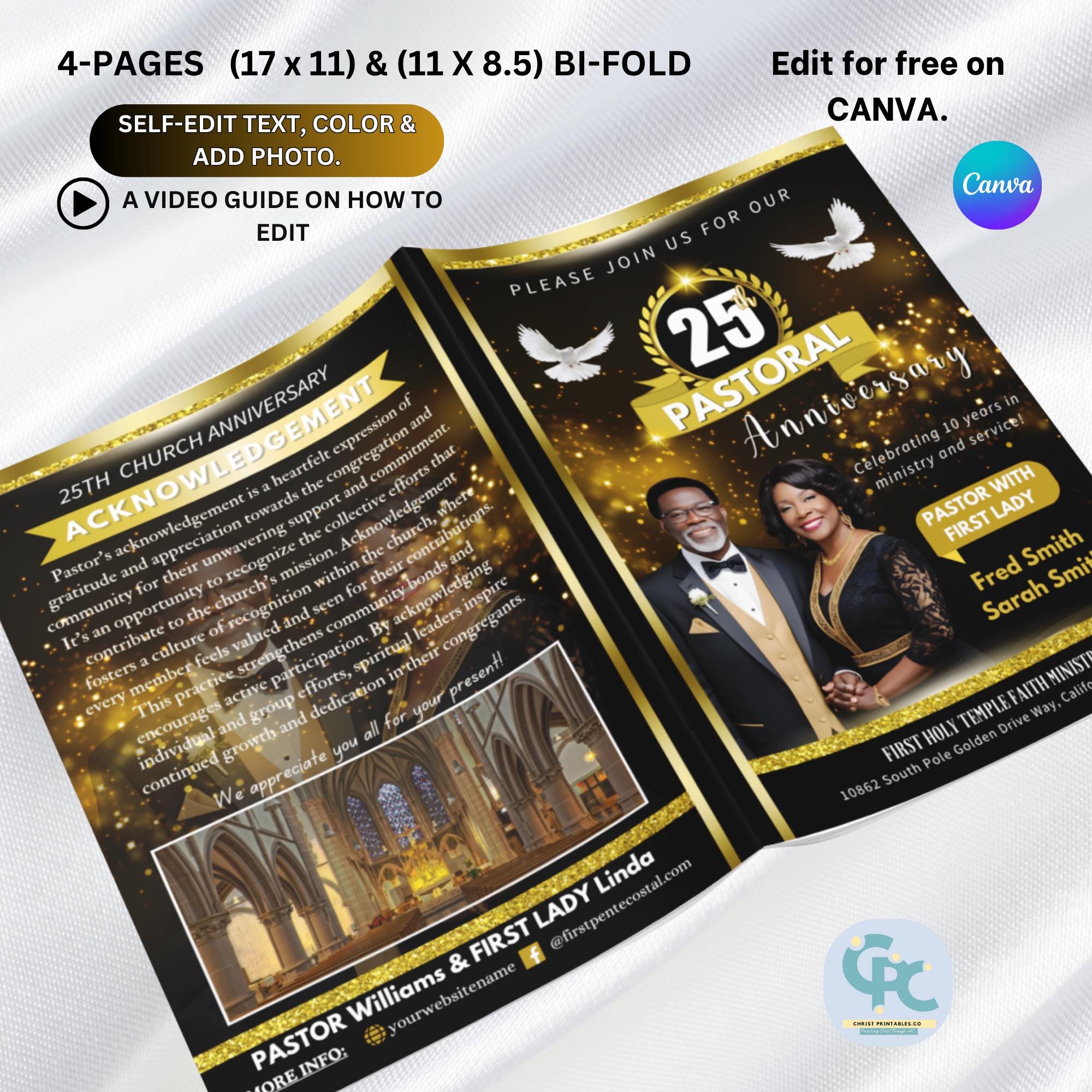 Black and Gold Anniversary Program Template: Bi-fold Church Design ...