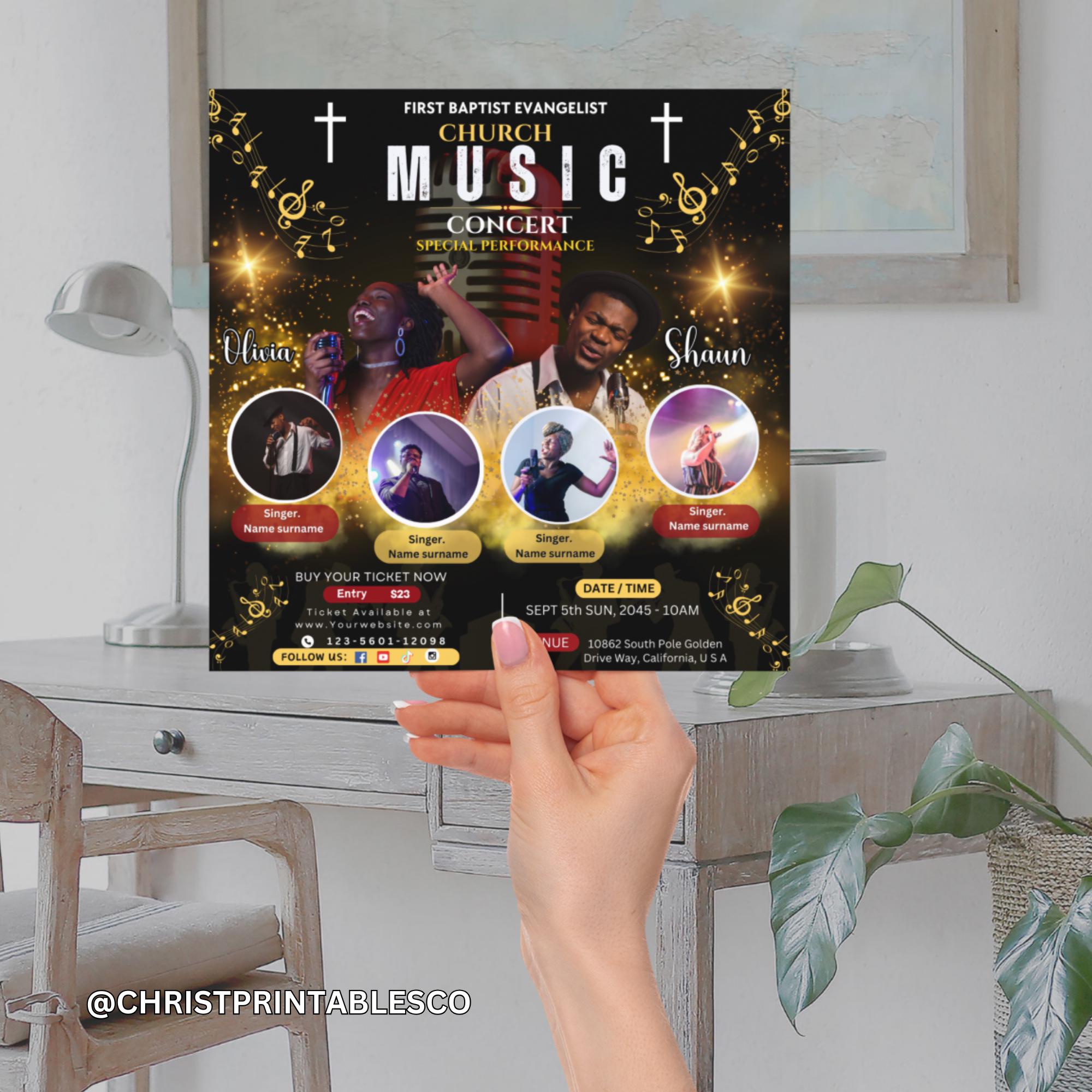 DIY Church Music Concert Black & Gold Flyer, Editable Music Poster ...