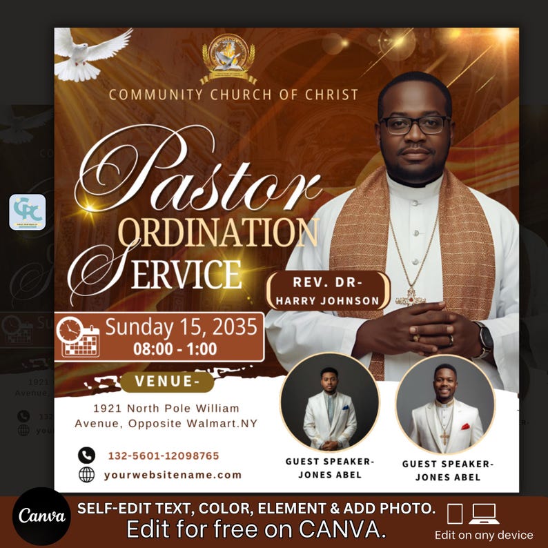 Editable Pastor Ordination Flyer Template, Brown & White Pastor Event ...