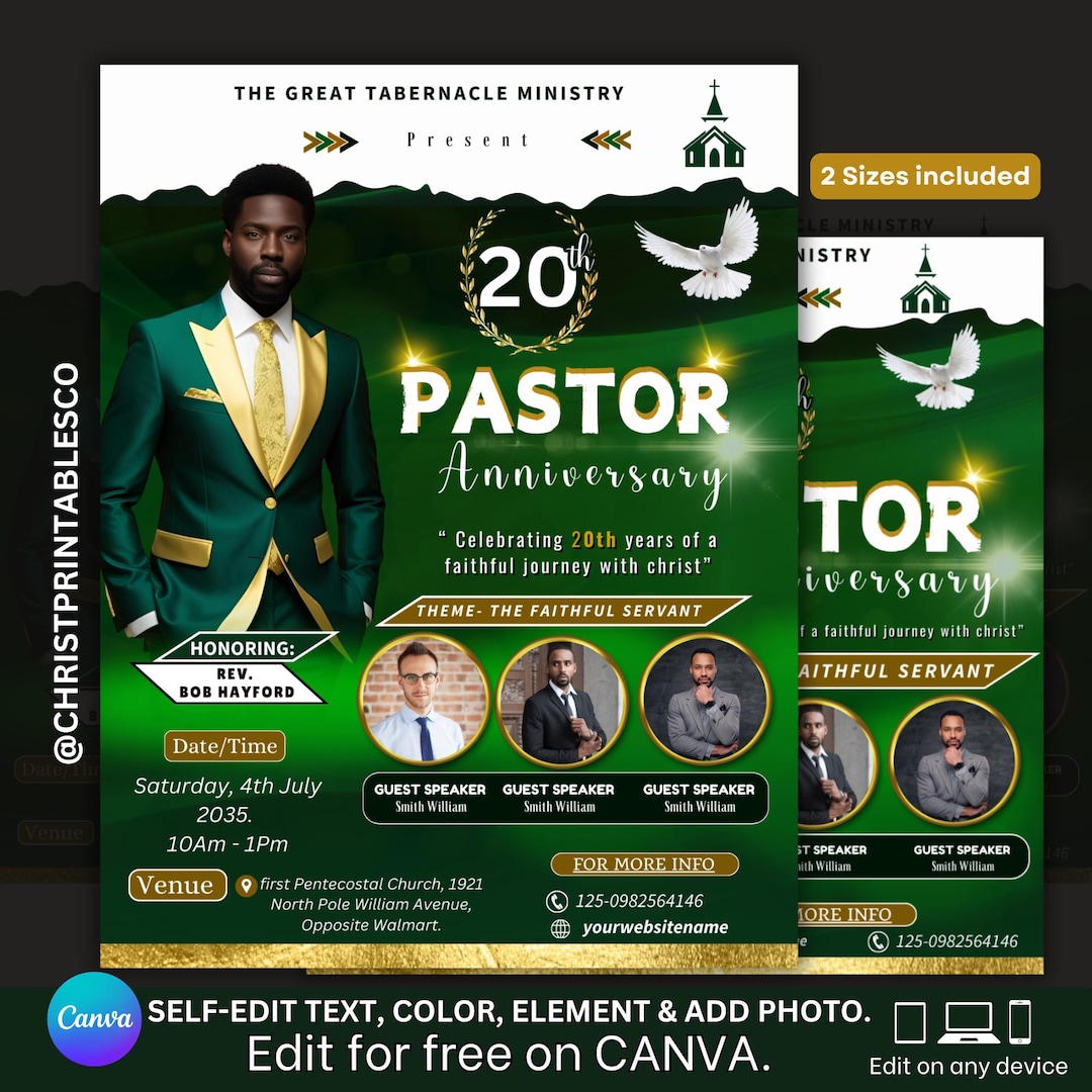 Editable GREEN & GOLD Pastor Anniversary Flyer, Flyer for Pastor ...