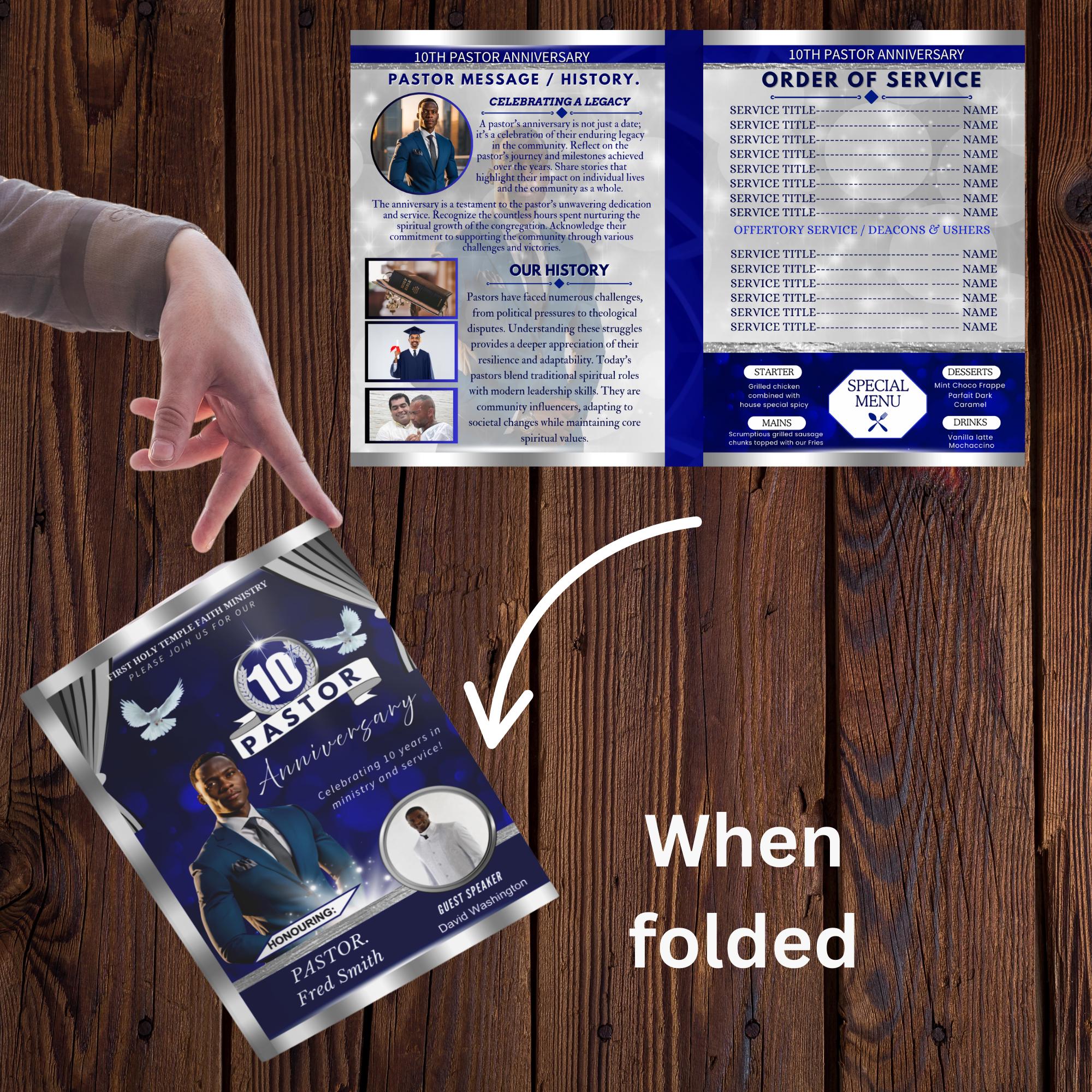 Editable 4 Pages Pastor Anniversary Program Template, Blue & Silver Program Template, (11 X 8.5 ...