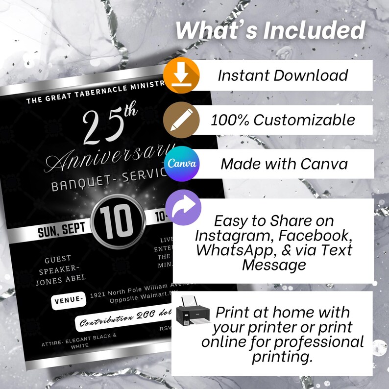 Editable Church Anniversary Banquet Invitation, Black & Silver ...