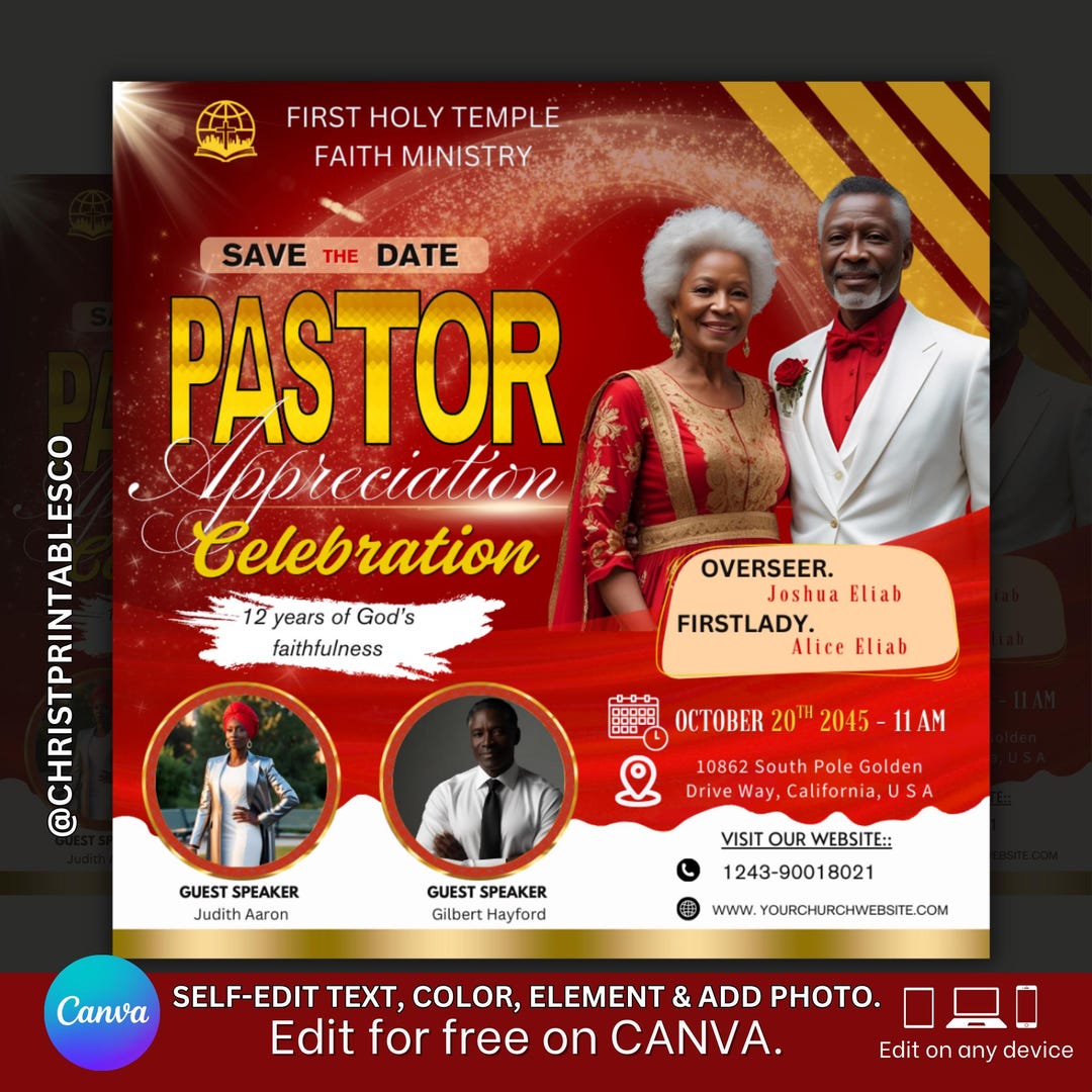 Red & Gold Pastor Appreciation Flyer, Editable Flyer for Pastor ...