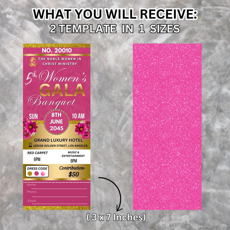 Editable Pink & Gold Elegant Banquet Gala Ticket Template for Women's ...