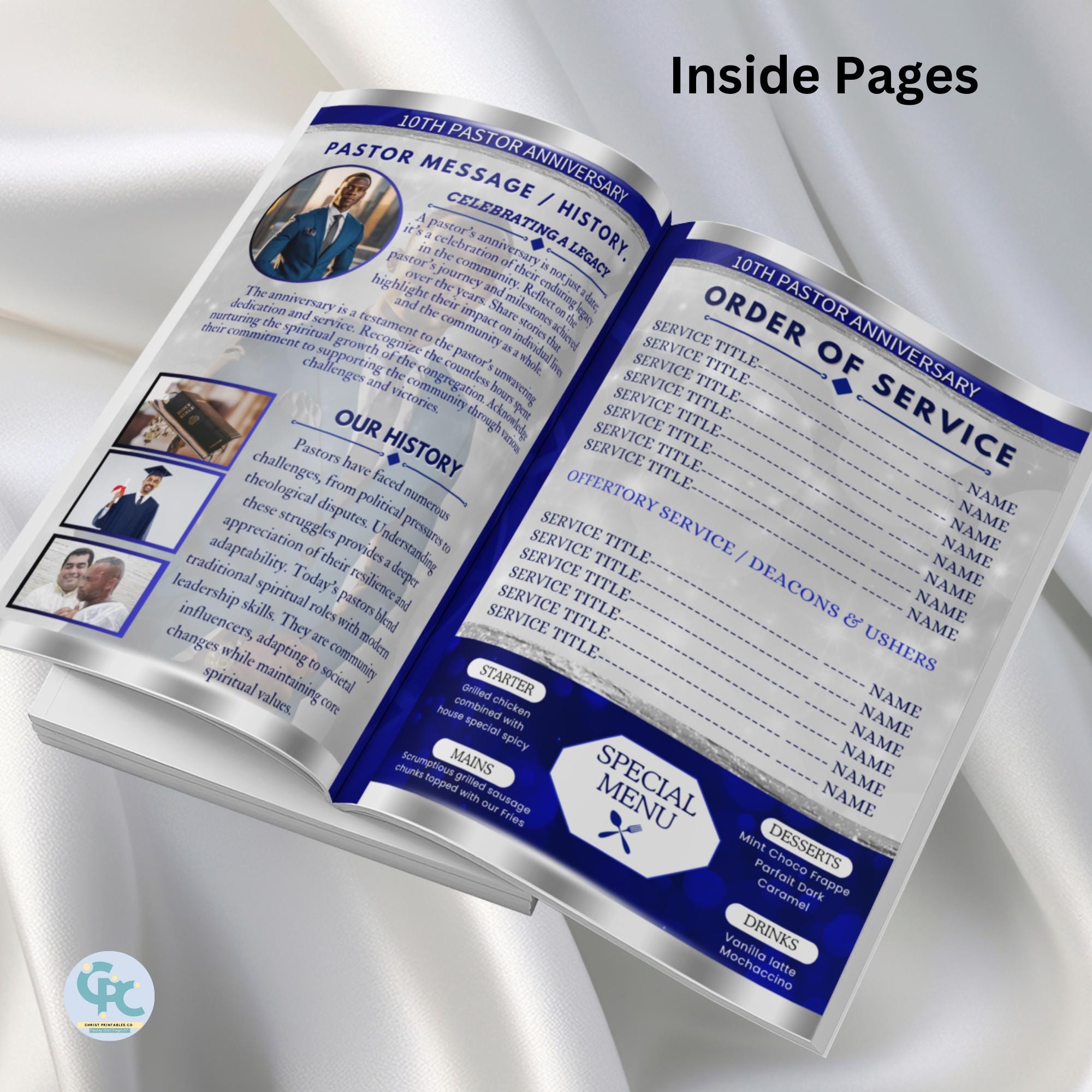 Editable 4 Pages Pastor Anniversary Program Template, Blue & Silver Program Template, (11 X 8.5 ...