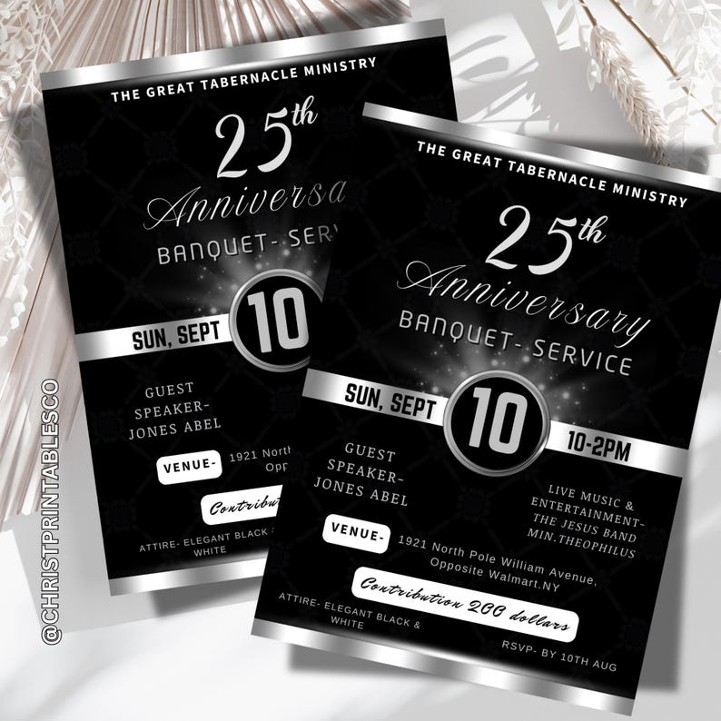 Editable Church Anniversary Banquet Invitation, Black & Silver ...