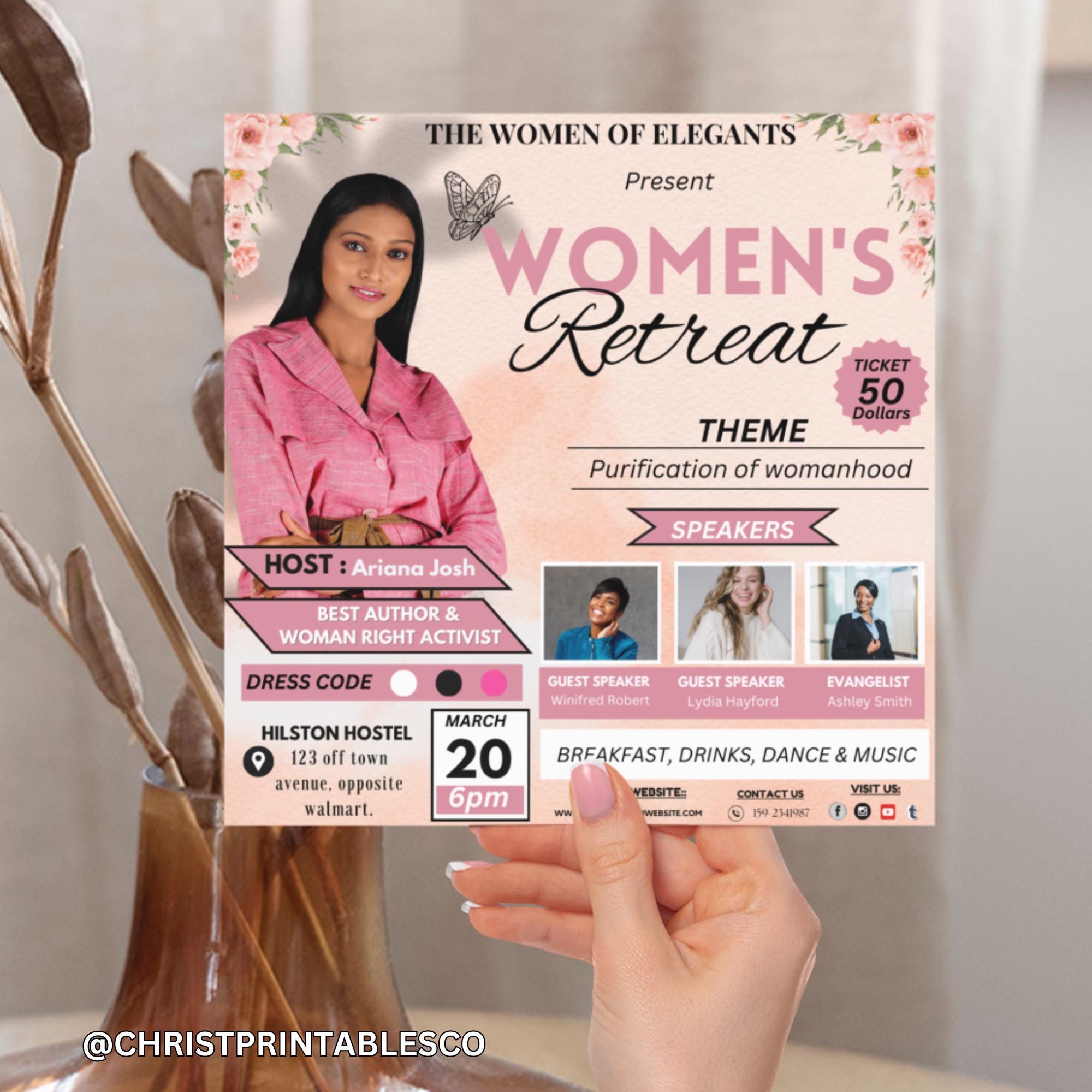 Editable Women's Retreat Pink Floral Flyer, Women's Event Flyer ...