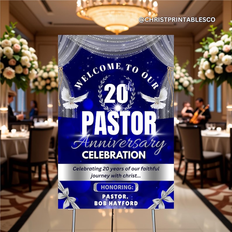 Blue & Silver Pastor Anniversary Welcome Sign, Editable Church Sign ...