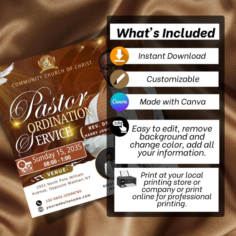 Editable Pastor Ordination Flyer Template, Brown & White Pastor Event ...
