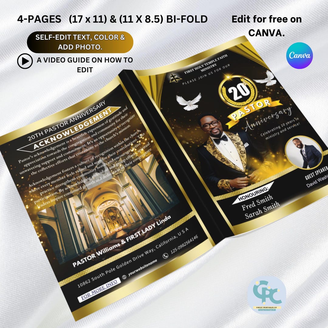 Editable 4 Pages Pastor Anniversary Program Template, Black & Gold ...