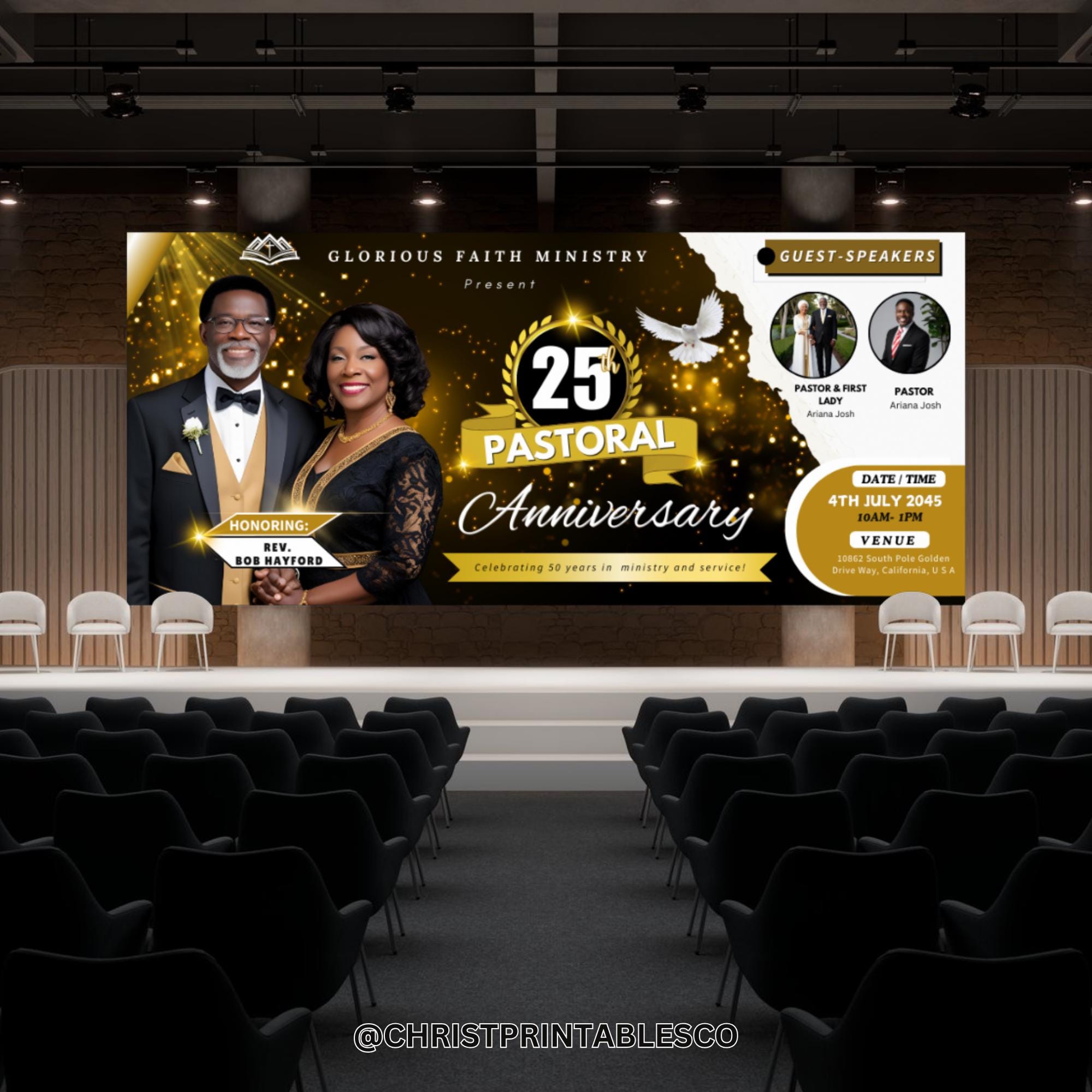 Black and Gold Pastoral Anniversary Banner for Wall, Editable Church ...
