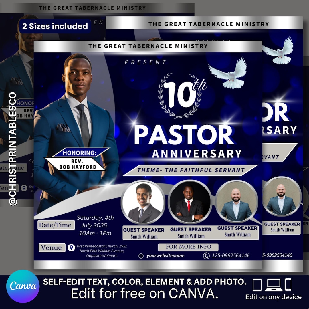 Editable Pastor Anniversary Flyer, Blue and Silver Anniversary Flyer ...