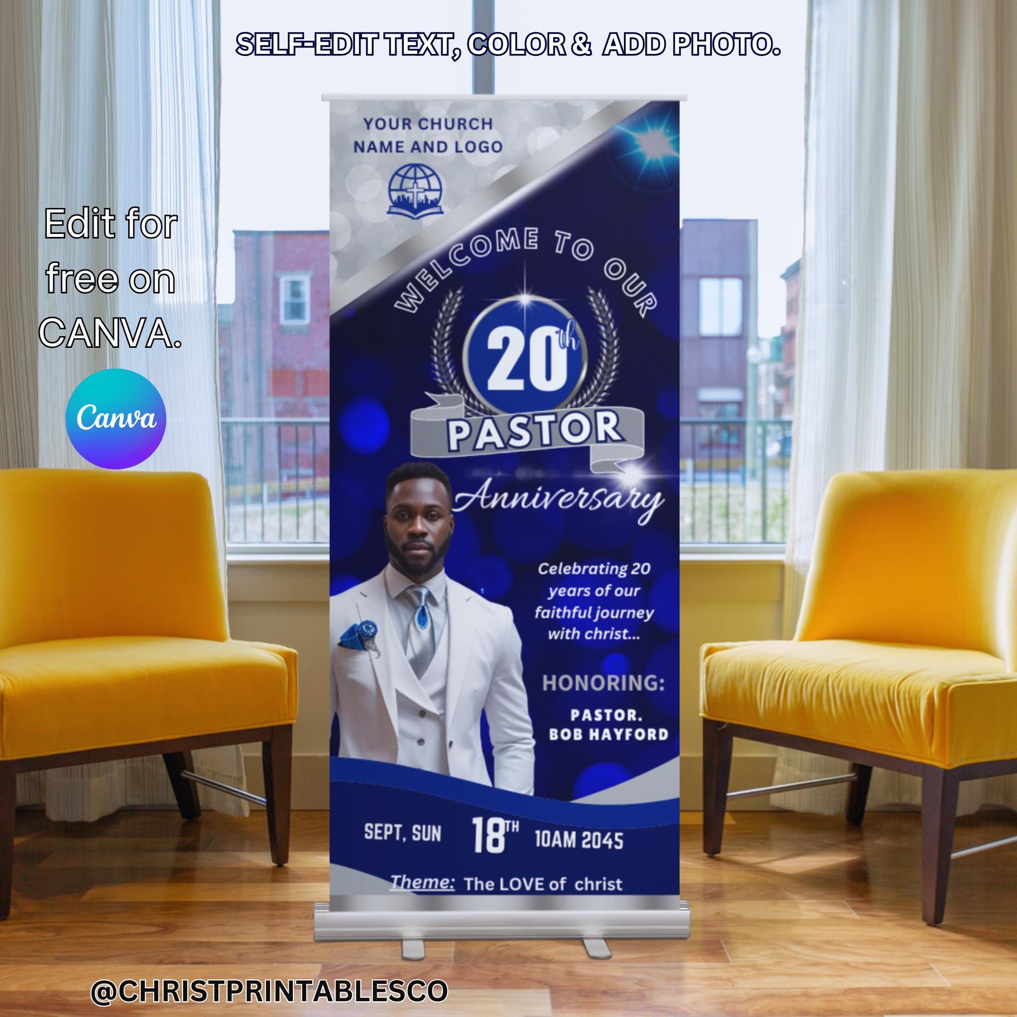 Blue and Silver Pastor Anniversary Retractable Banner, Editable Rollup ...