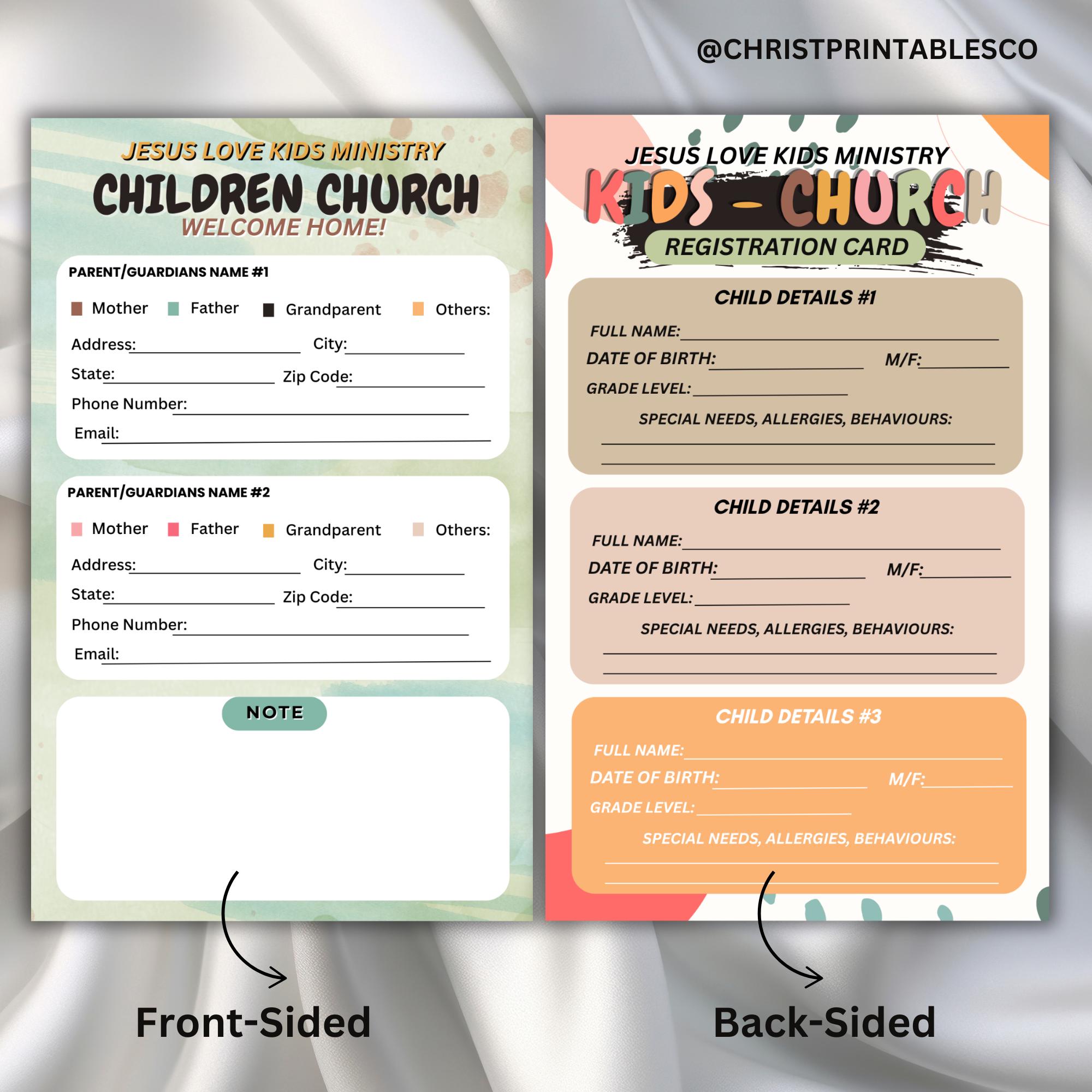 Editable Children Registration Cards, Kids Ministry Registration Form ...