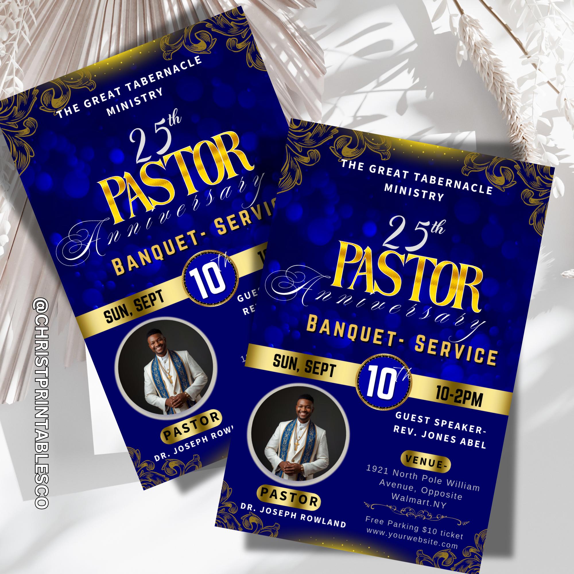 Editable Pastor Anniversary Banquet Flyer, Blue & Gold Anniversary ...