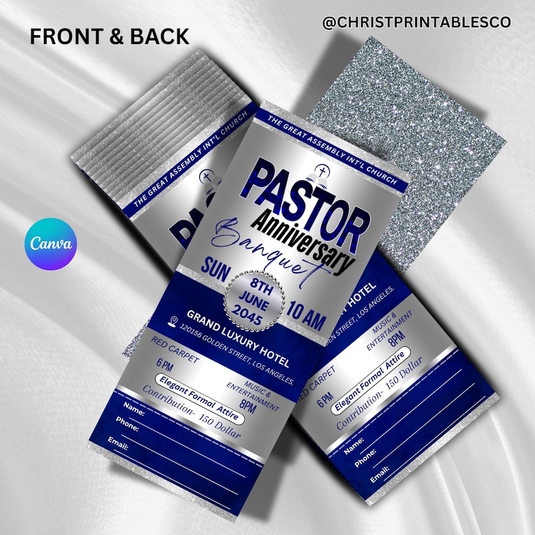 Pastor Anniversary Luxury Banquet Ticket Template for Canva, Editable ...