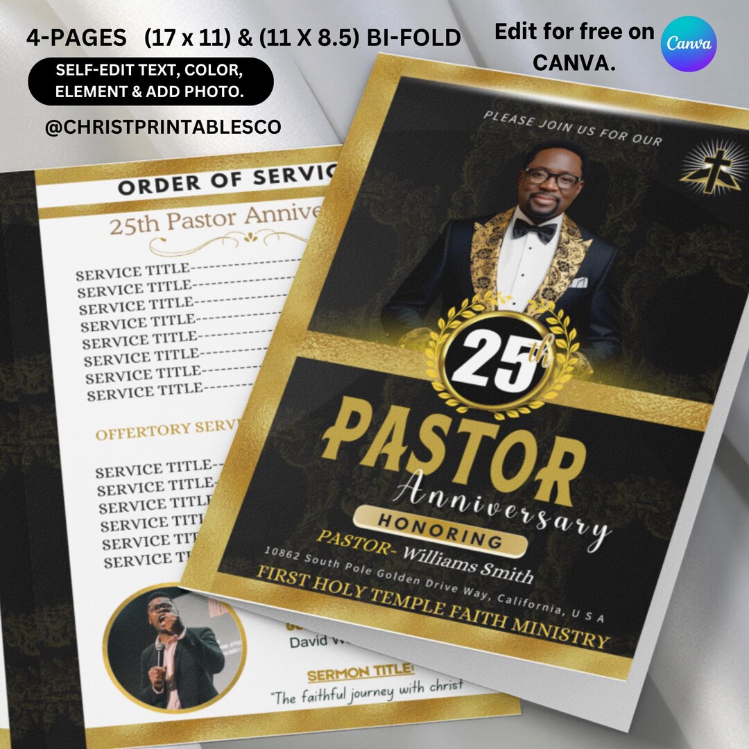 4 Pages Black and Gold Pastor Anniversary Program, Editable Pastor ...
