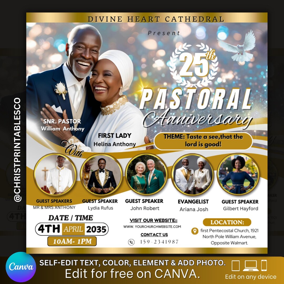 White & Gold Pastoral Anniversary Flyer Template, Editable Flyer for ...