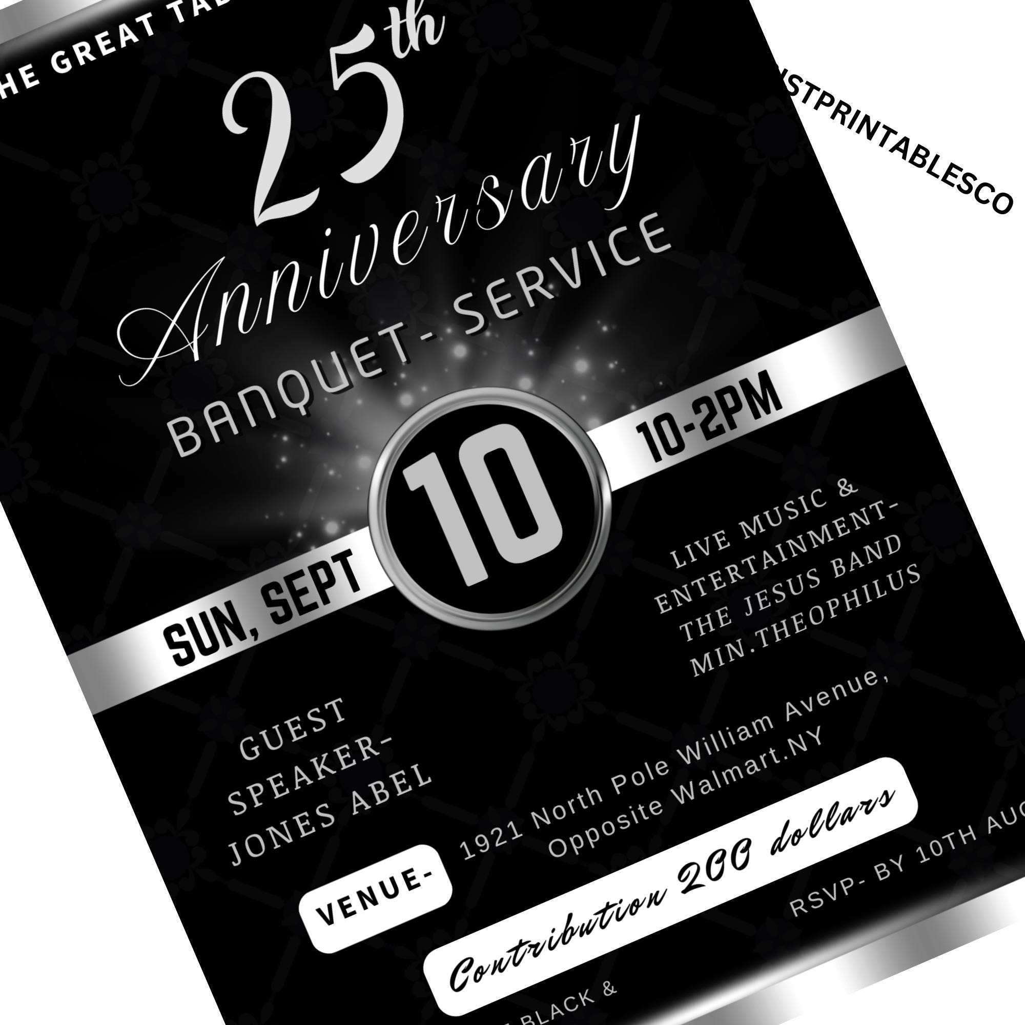 Editable Church Anniversary Banquet Invitation, Black & Silver ...